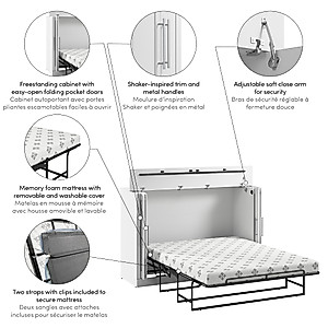 Bestar Pur 75W Queen Size Murphy Cabinet Bed with Mattress in White, 75-inch Space-Saving Sleeping Arrangement for Multipurpose Guest Room or Home Office