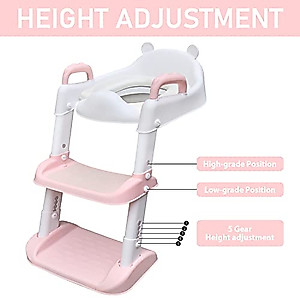 Potty Training Seat with Step Stool Ladder for Kids, Anti-Slip and Detachable Soft Pad, Toddler Toilet Training Seat with Height Adjustable Wide Steps and Safety Handles - Pink