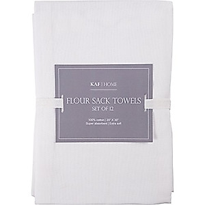 KAF Home Set of 12 White Flat Flour Sack Embroidery/Craft Kitchen Towels, 100-Percent Cotton, Lightweight, Thin, Absorbent, Extra Soft (20 x 30-Inches) (White)