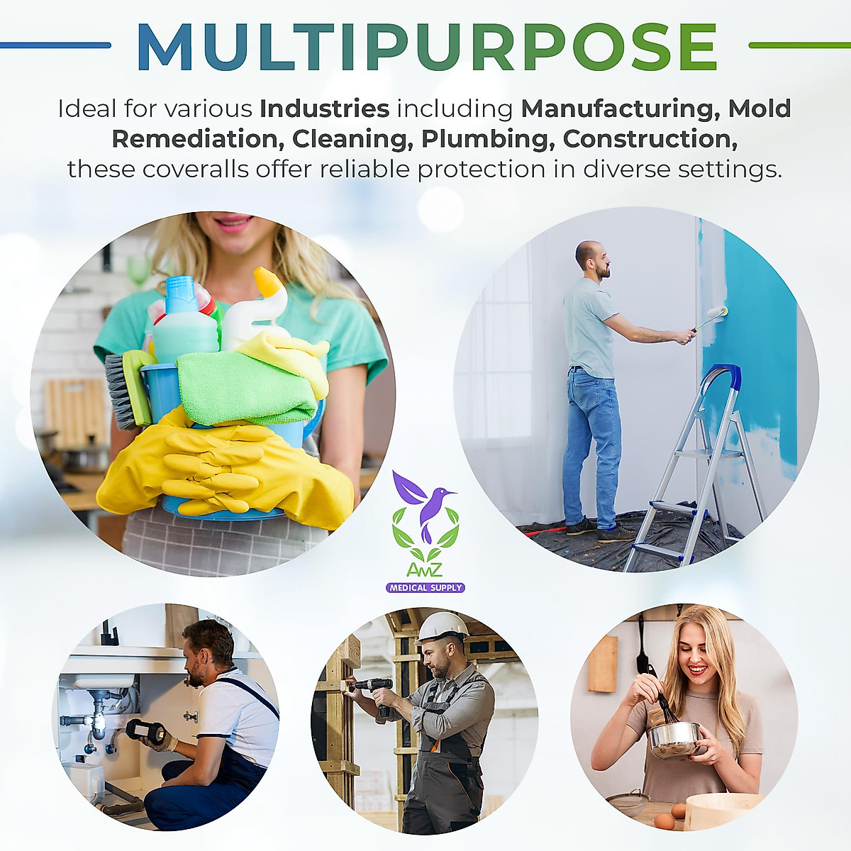 AMZ Disposable Coveralls with Hood, 3X-Large. Pack of 5 White Microporous Lab Coveralls Disposable. 60 GSM Painters Suit Disposable with Storm Flap Zipper Cover. Painters Suit Disposable. Hazmat Suit