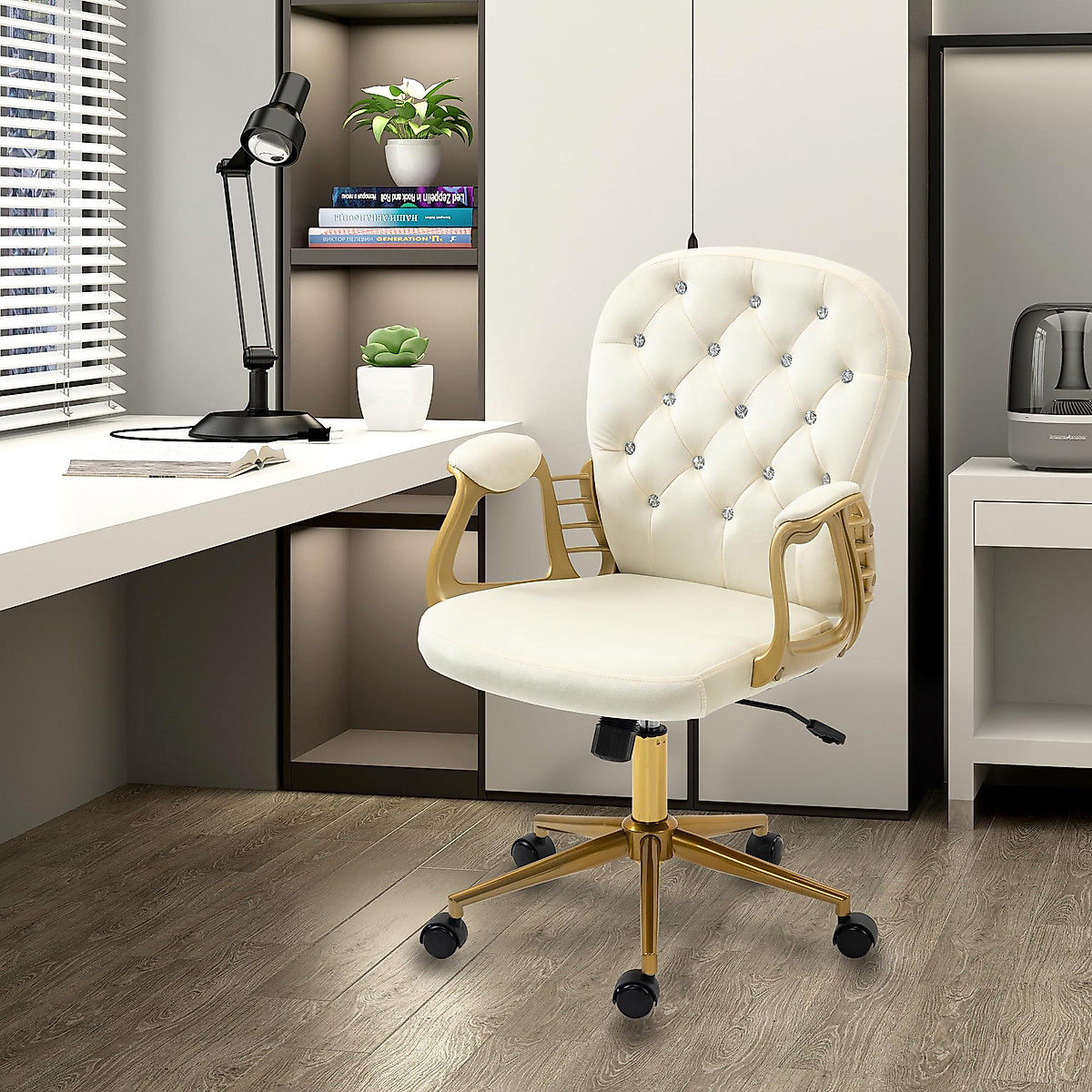 cayglow Velvet Office Desk Chair Comfy with Gold Base, Comfortable Makeup Chairs for Vanity with Back and Wheels,Button Tufted Armchair Swivel Rolling Chair,for Girls Women Study Bedroom,Beige