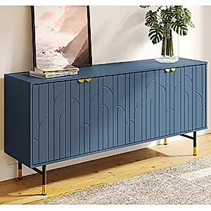 DG Casa Hemsby Mid Century Modern 4 Art Deco Doors Storage Compartment Gold Metal Handle Pull & Feet Buffet Cabinet Table Furniture for Living Room Kitchen Dining Entryway Hallway - Sideboard in Blue