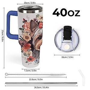 WYUSPGK 40oz Stainless Steel Car Mug, Yorkie Floral Print Travel Mug, Double-Wall Insulated with Straw, Perfect for Car, Office, Outdoor