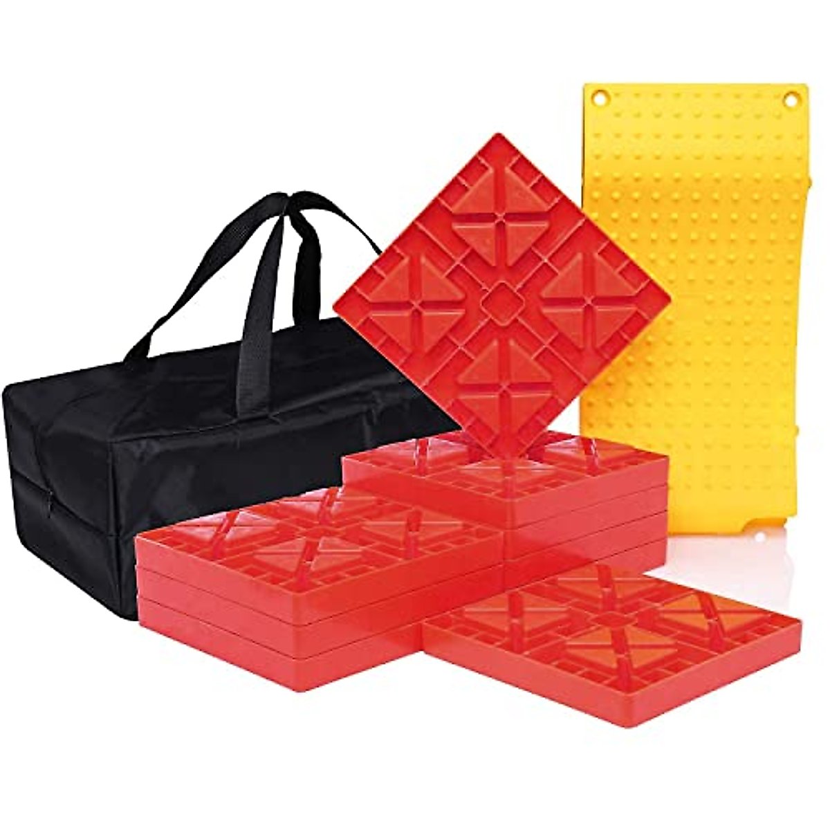 Homeon Wheels Camper Leveling Blocks, One Top Tire Saver Ramp and 9 Pack Interlocking Leveling Blocks with Carrying Bag, Heavy Duty Rv Leveling Blocks and Chocks Anti-Slip Pads Design (WH-201)