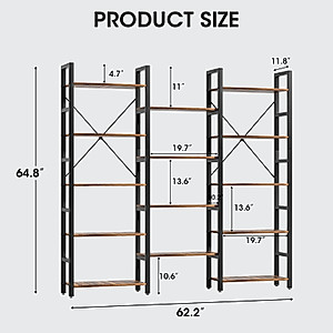 oneinmil Triple Wide 5-Shelves Corner Bookcase Industrial Vintage Wood Style Large Open Bookshelves for Home&Office (Brown, 5-Tier)