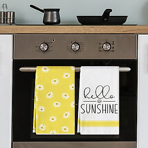 AnyDesign Hello Sunshine Kitchen Towels Summer Yellow Daisy Dish Towel 18 x 28 Inch for Seasonal Decoration Kitchen Bathroom Party Home Decorations Set of 2