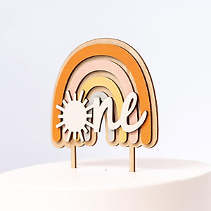 MUWEOL The Sun Wooden Cake Topper - Boho Theme 1st/First Birthday Party Decoration,Hippie Rainbow Baby Shower Supplies for Baby Boys Girls (boho sun topper)