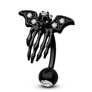 COCHARM Black Bat Skeleton Rook Earrings Hallween Rook Piercing Skull Hand 16g Rook Jewelry 8mm 16g Curved Rook