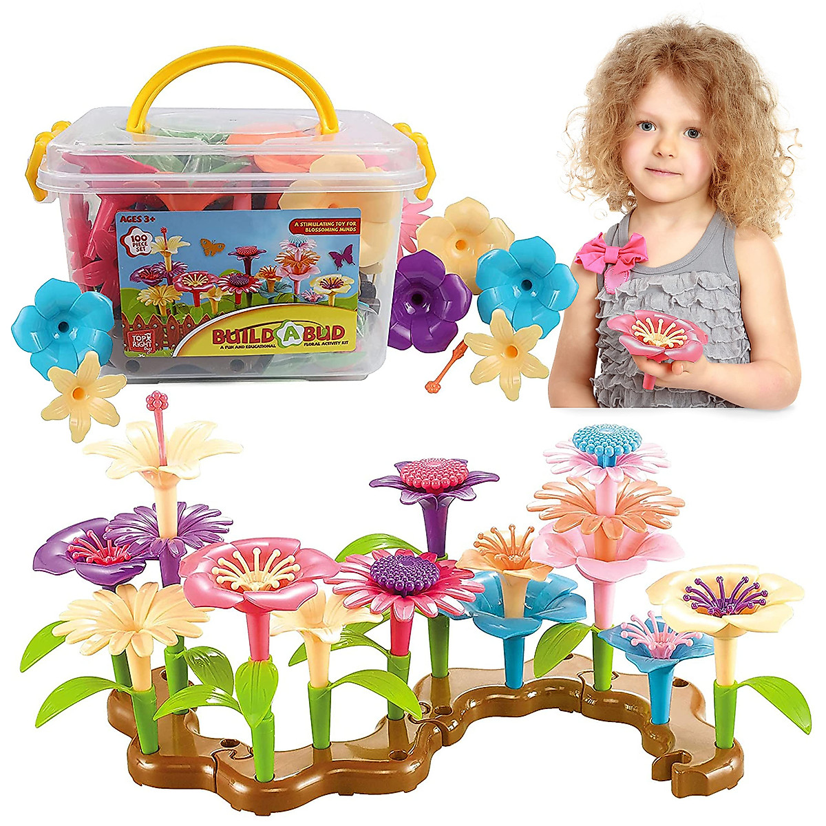 Play 2 Grow Flower Garden Building Blocks Pretend Gardening Floral Bouquet 100 Piece Educational Creativity Playset Toy for Toddlers, Kids, and Girls