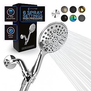 SparkPod 6 Spray Setting High Pressure Hand Held Shower Head - 6" Wide Angle Handheld Shower Head Set with Brass Swivel Ball Bracket and 70 Inch Long Hose - Luxury Design (Luxury Polished Chrome)