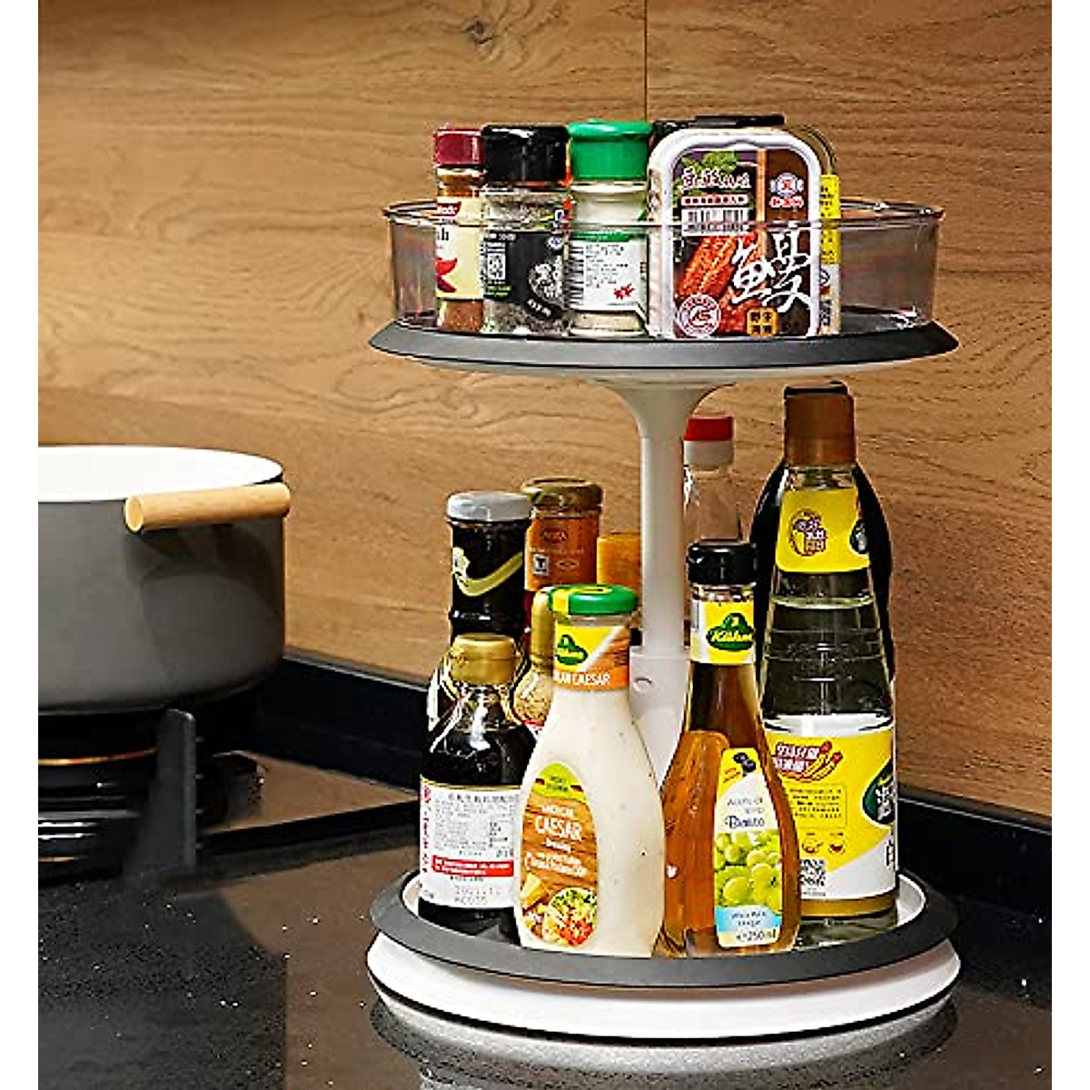 Yesland 2-Tier Lazy Susan Turntable with Large Bin and 3 Dividers, 11'' Height Adjustable Cabinet and Spice Rack Organize for Kitchen Pantry Snack Fruit Makeup(Black)