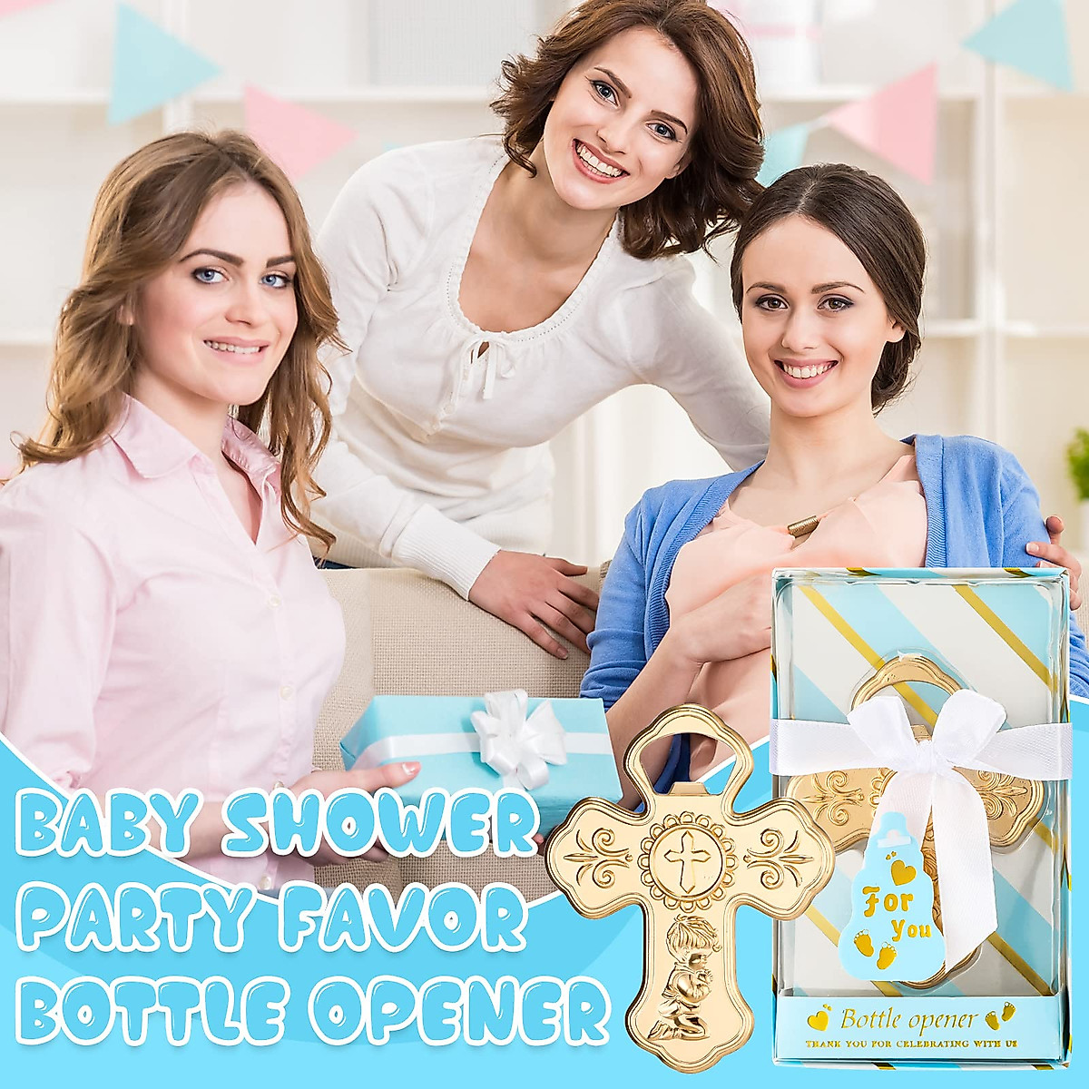 24 Pcs Baby Shower Bottle Openers Favors for Guests Praying Catholic Gender Reveal Decorations Baptism Gold Keychain Souvenir Gifts for Boys Girls Baby Shower Favors(Boy Blue)