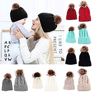 2PCS Parent-Child Hat Warmer, Mother & Baby Daughter/Son Winter Warm Knit Hat Family Crochet Beanie Ski Cap Black