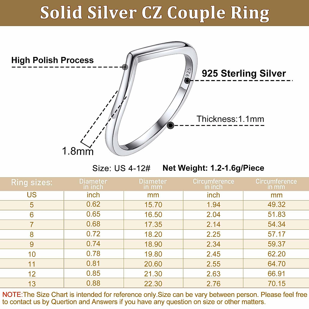 Bestyle Silver Women Rings Wishbone Ring Love Statement Band Ring for Mom Wife Daughter Sterling Silver Plain Knuckle Finger Rings V Shape Lucky Ring,Size 7