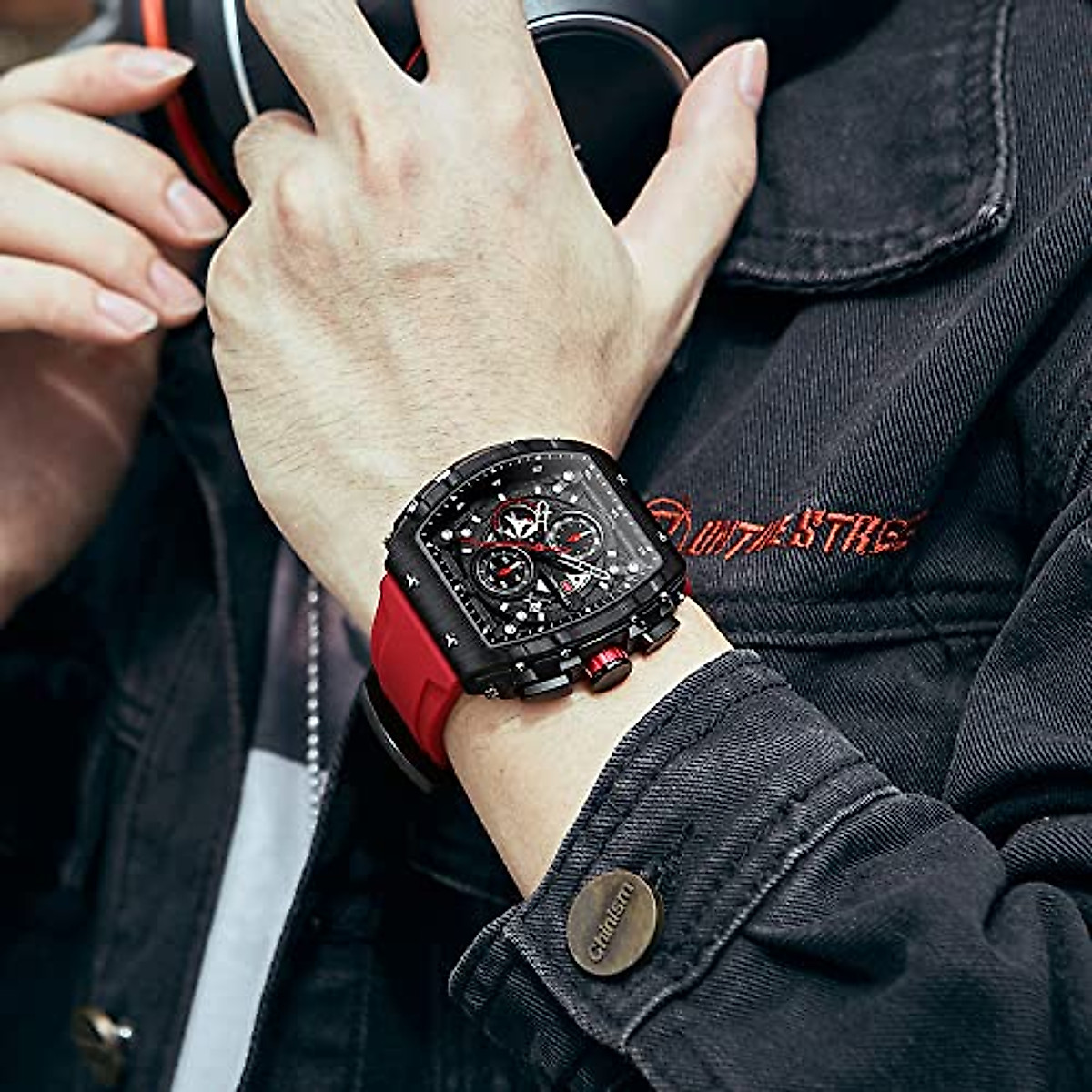 AIMES Watches for Men Fashion Hollow Tonneau Large Face Watches for Men Rectangle Luxury Work Big Dial Mens Watches Cool Analog Quartz Luminous Waterproof Wrist Watch Red Silicon Strap Dress Watch