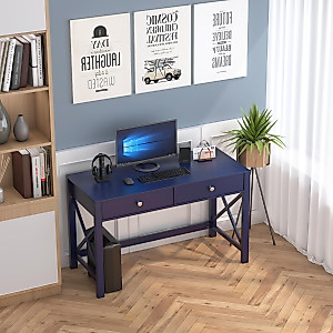 WiberWi Home Office Desk with Drawers, Modern Writing Computer Desk for Bedroom, Small Navy Makeup Vanity Table Desk for Girls, Study Table for Home Office