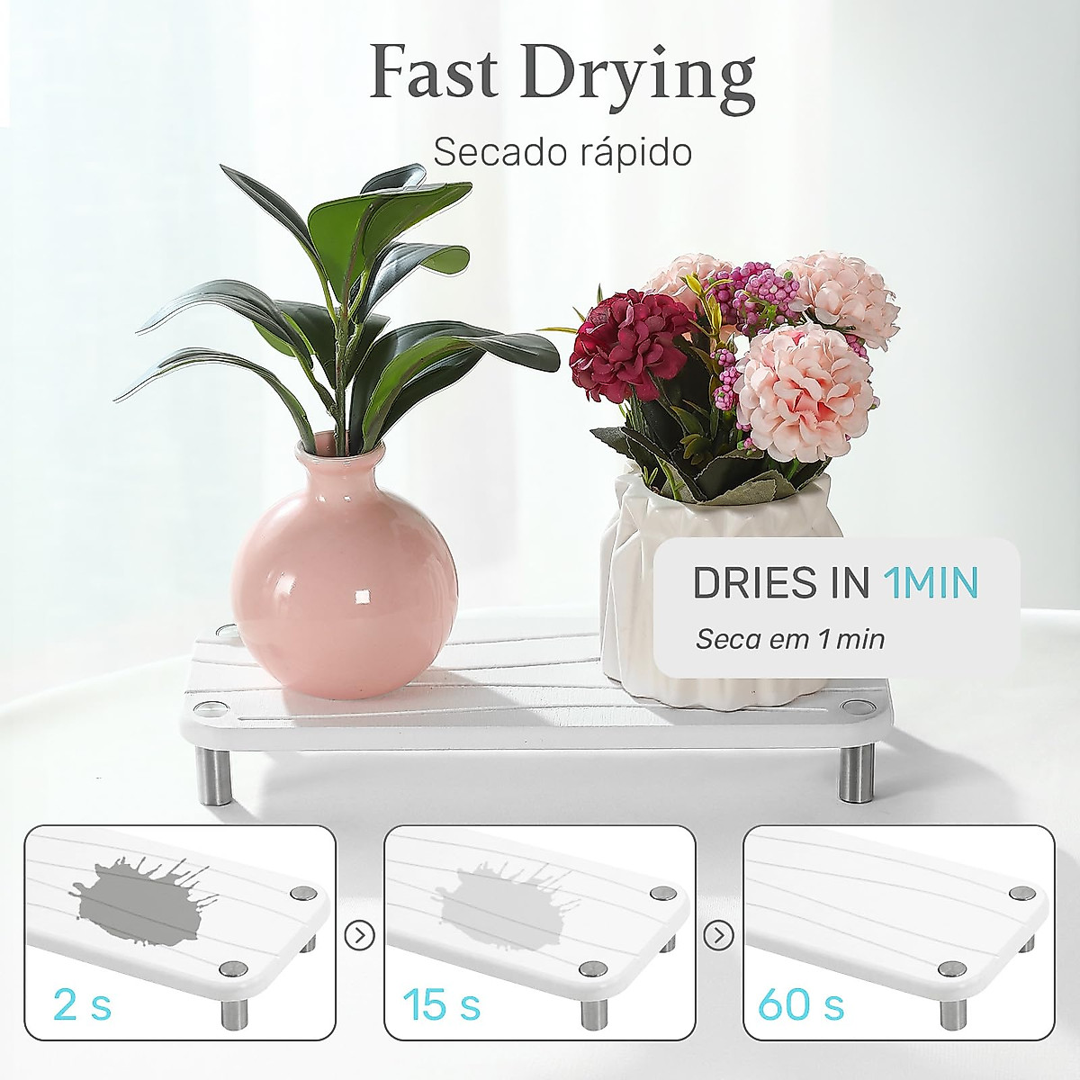 Plentio 2PCS Longer Water Absorbing Stone Tray for Sink, Quick Drying Stone Sink Tray, Diatomite Sponge Holder & Soap Dish for Counter, Instant Dry Sink Caddy Kitchen Sink Organizer, White