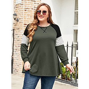 JollieLovin Crewneck Lightweight Sweatshirts for Women Plus Size Color Block Pullover Tops Long Sleeve Raglan Shirt ArmyGreen 3X