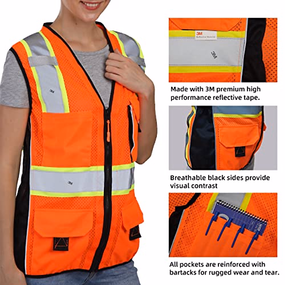 Dib Safety Vest for Women with Pockets, Mesh Reflective Vest High Visibility, ANSI Class 2 Made with 3M Reflective Tape, Orange and Black S
