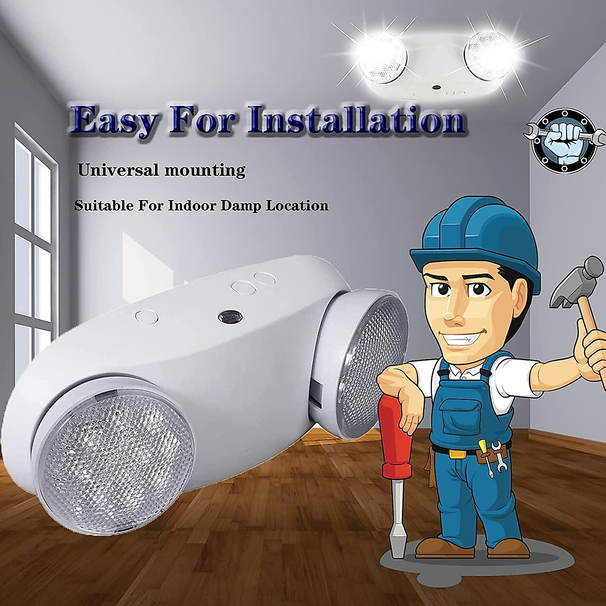 LED Emergency Light with Battery Backup, Two Adjustable Heads Commercial Emergency Light, US Standard 120-277V (UL 94V-0), Domestic Power Outage Emergency Light, Rechargeable Bulb (6-Pack)