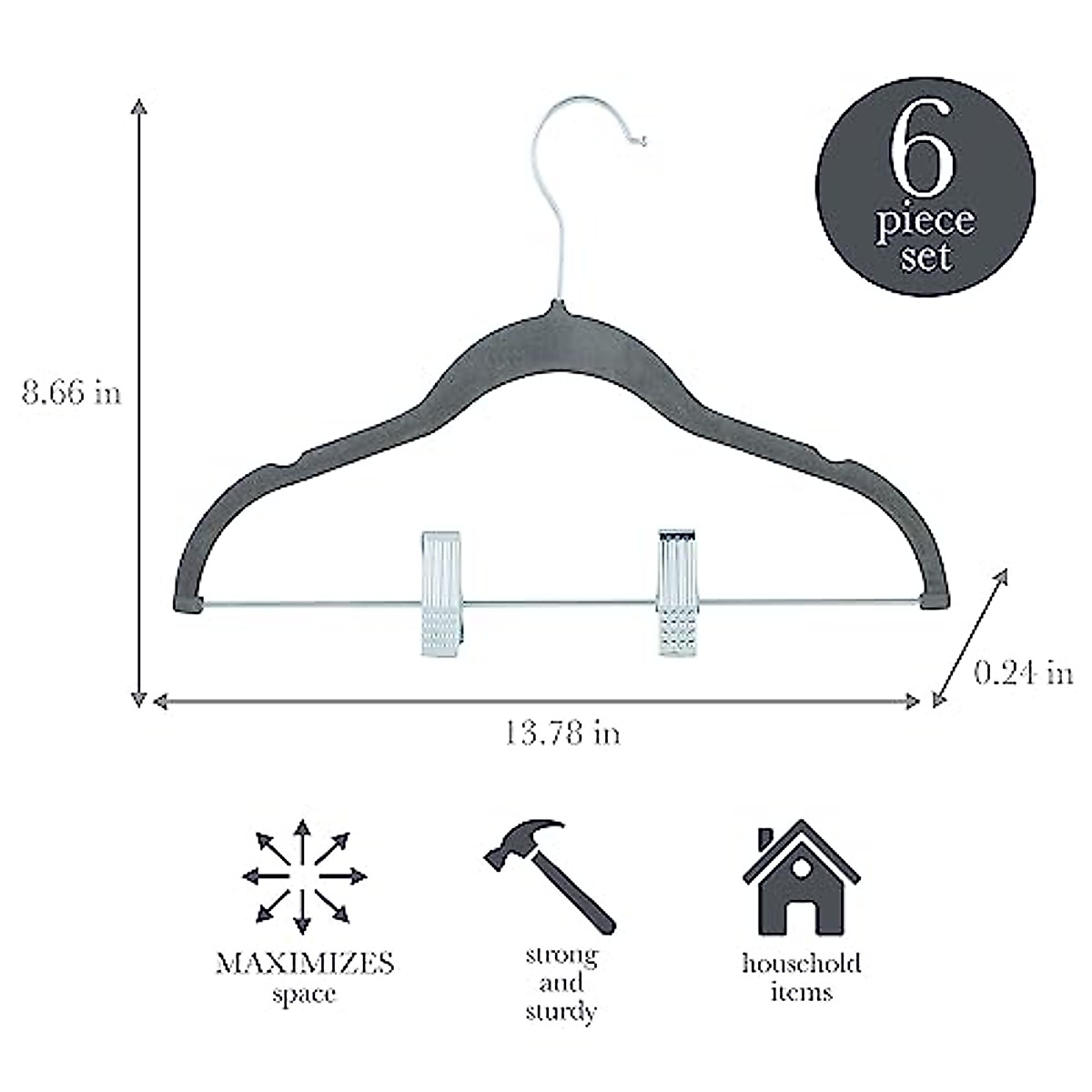 Simplify Children’s 6 Pack Slim Huggable Velvet Kids Hangers with Metal Clips, Good Nursery Closet, Baby Dresses, Outfits, Pants, Bodysuits & Jackets, Grey (3227-GREY)