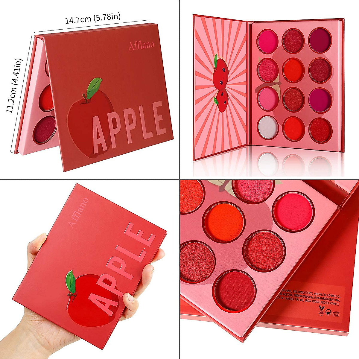 Afflano Red Eyeshadow Palette Makeup, Ultra Pigmented and Blending Bright Dark Hot True Red Eye Shade 12 Color, Cruelty Free Velvet Matte Shimmer Warm Fall Sunset Pink Red Eye Shadow Pallet