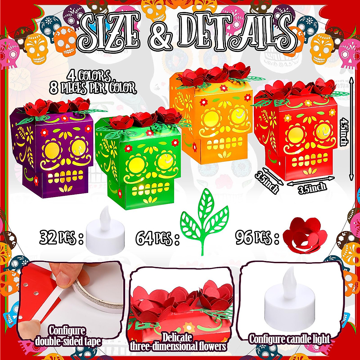 Glooglitter 32 Sets Dia De Los Muertos Luminary Bags Lanterns with Flameless Tea Candle Halloween Day of The Dead Paper Treat Bags Flame Resistant Candle Box for Dia De Los Muertos Party Decorations