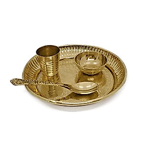 Satvik Brass 4 Pc Bhog Thali Set for Laddu Gopal Brass Bhog Thali with Glass, Bhog Bowl and Pooja Spoon for Home and Temple Kanha Ji Bhog Plate Set (Medium)