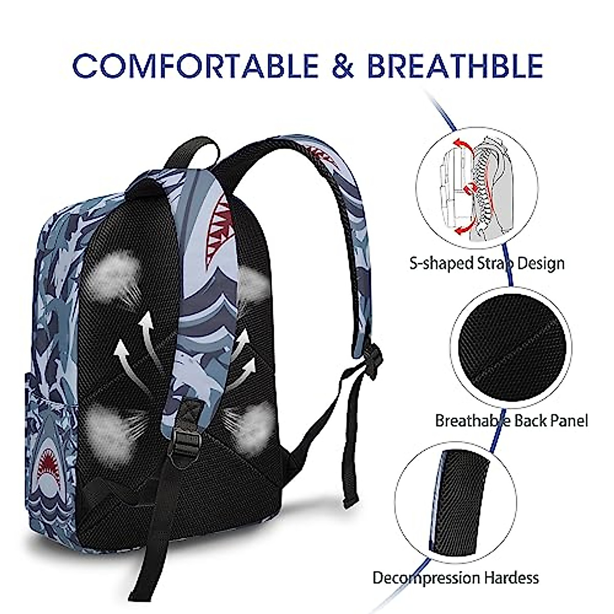 Lightweight Shark Boys School Backpack, Classic Bassic Bookbag for Middle School Students, Cute Shark Patterned Casual Daypack for College, Travel, Work with 15-Inch Laptop Compartment, 17 IN-Grey