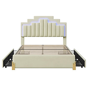 JIVOIT Full Size Upholstered Platform Bed with 4 Drawers, Modern LED Light Platform Bed Frame, Stylish Irregular Metal Bed Legs Design, Upholstered Storage Bed for Kids Teens (Beige,Full,Metal Legs)