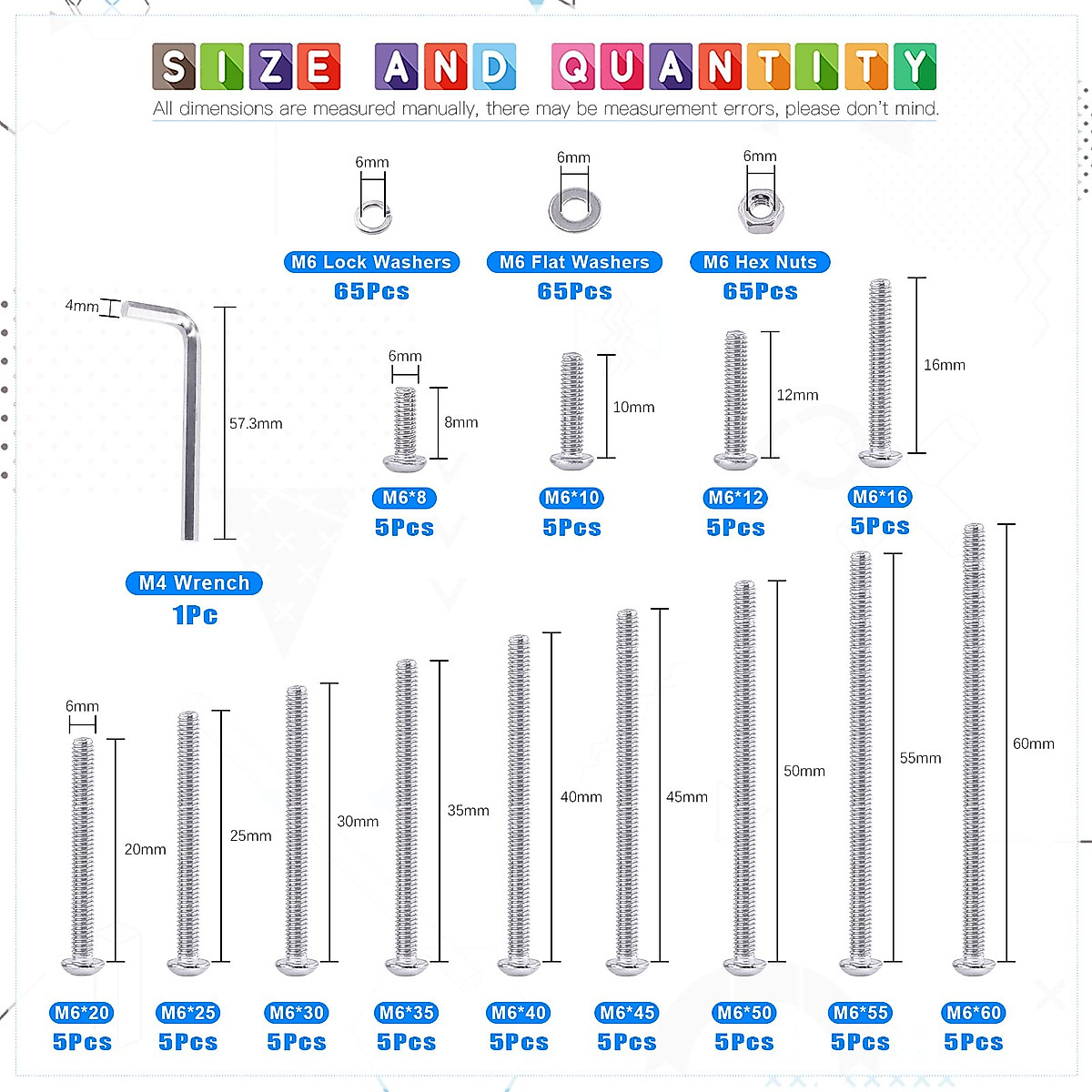 Glarks 260Pcs 13 Size M6 304 Stainless Steel Button Head Screws Hex Socket Cap Screws Bolts and Nuts Washers Assortment Kit with Hex Wrench for Machinery Furniture Car Repair