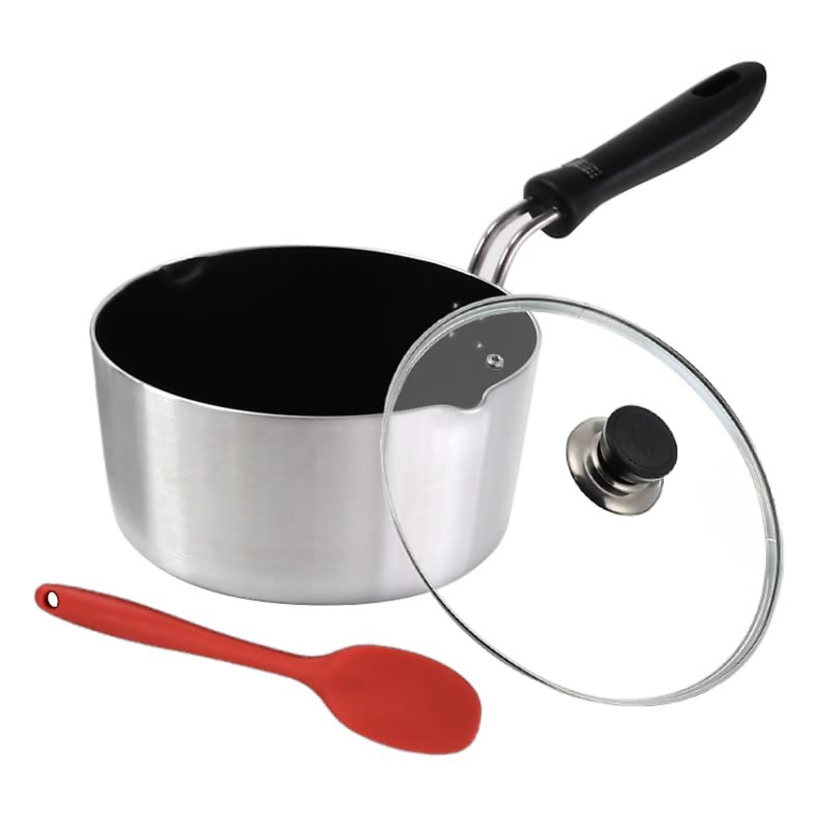ICUUK 2.5 Quart Nonstick Saucepan With Glass Lid And Silicone Mixing Spoon,Multipurpose Pot for Home Kitchen and Resturant, Aluminum Alloy, Silver (7.9 inch)