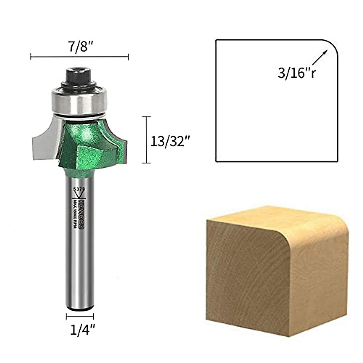 KOWOOD Pro Roundover Bit Set 4 Pcs, 1/4 Inch Shank Router Bit Set, R:1/8", 3/16", 1/4", 5/16"，Designed for Woodworking Enthusiasts