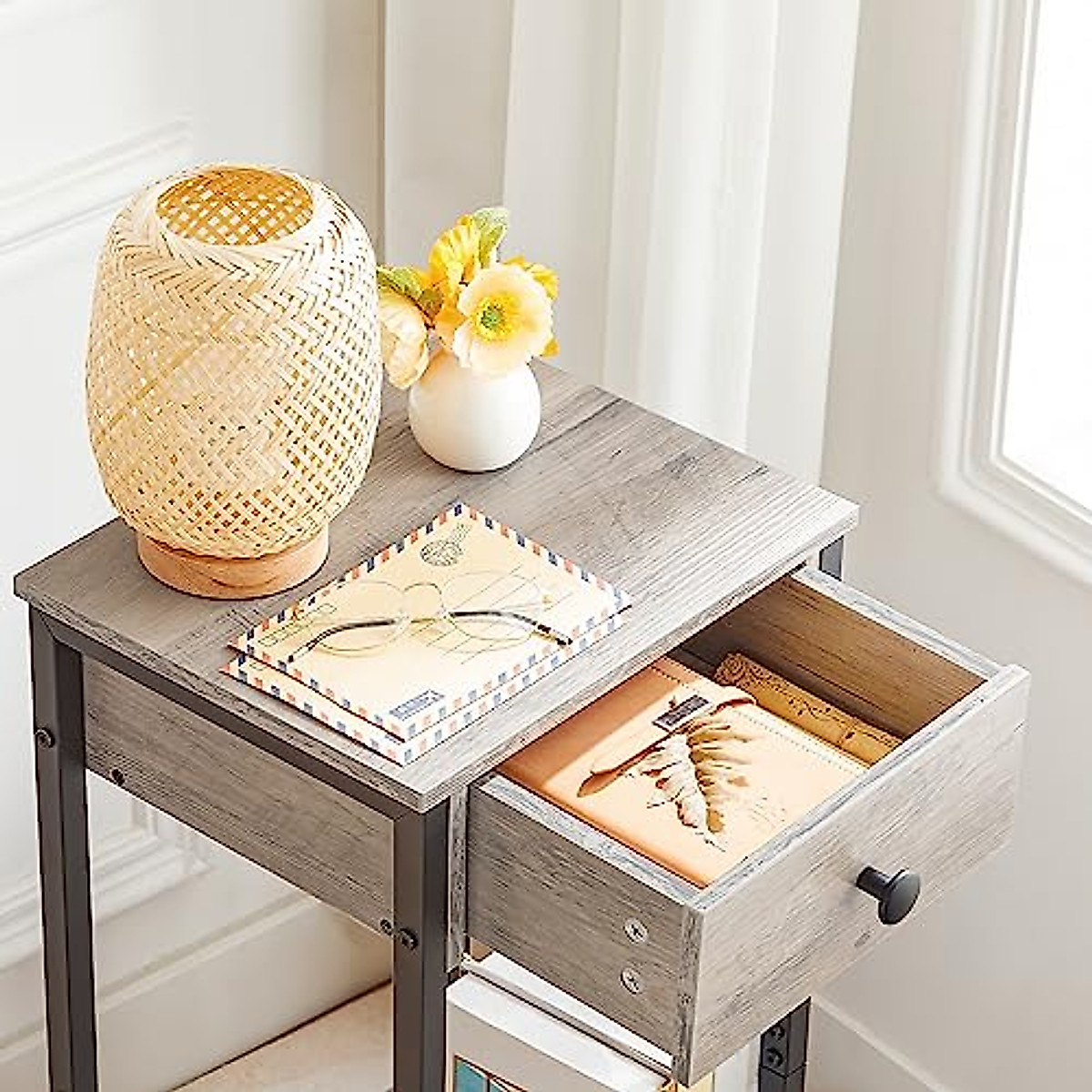 HOOBRO Tall Side Table, Nightstand, End Table with Drawer and Storage Shelf, Industrial End Telephone Table, for Study, Bedroom, Space Saving, Greige and Black BG71BZ01