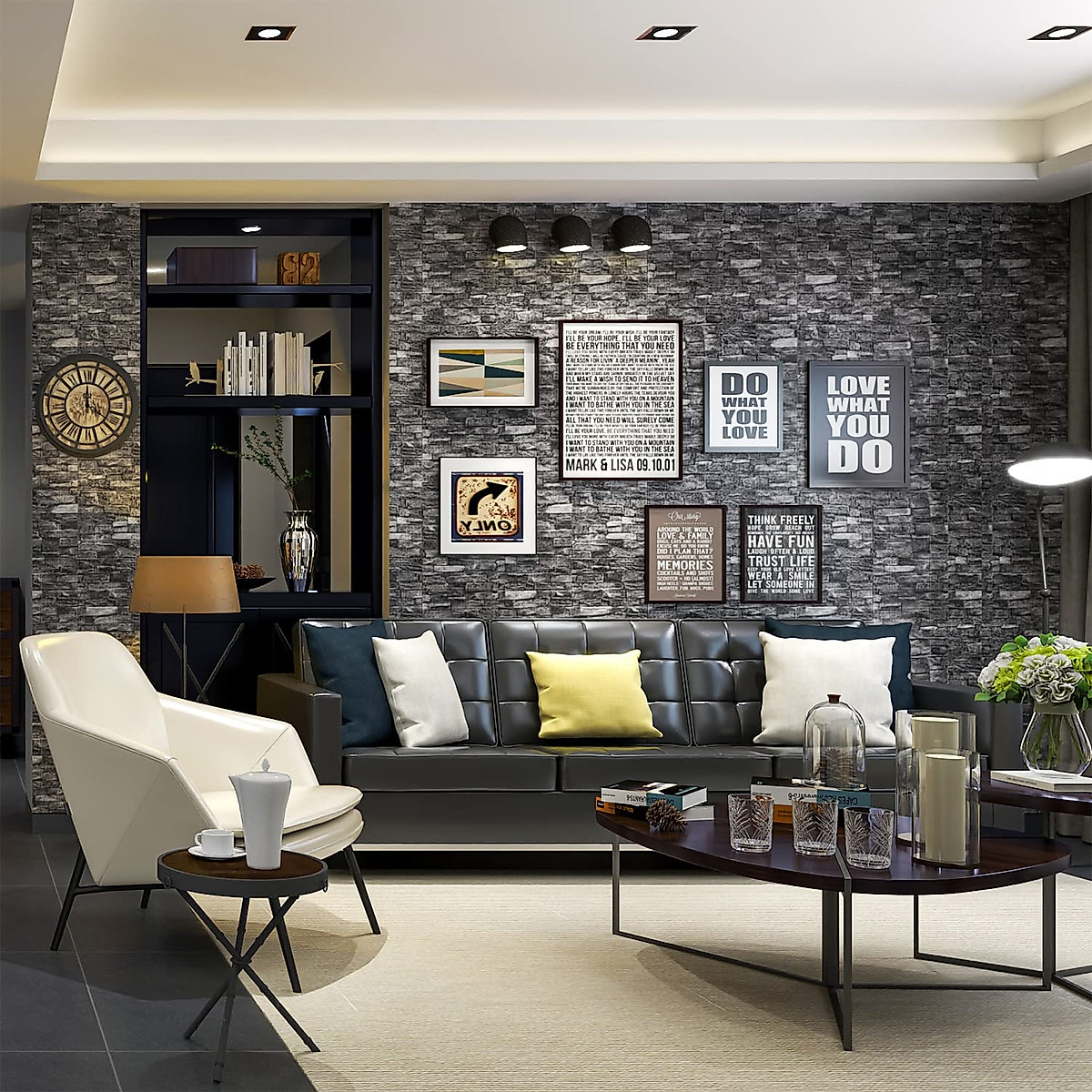 10PCS 3D Wall Panels Peel and Stick 3D Brick Wallpaper Peel and Stick Faux Stone Wall Panel Foam Brick Self-Adhesive Wallpaper (Black,10pcs)