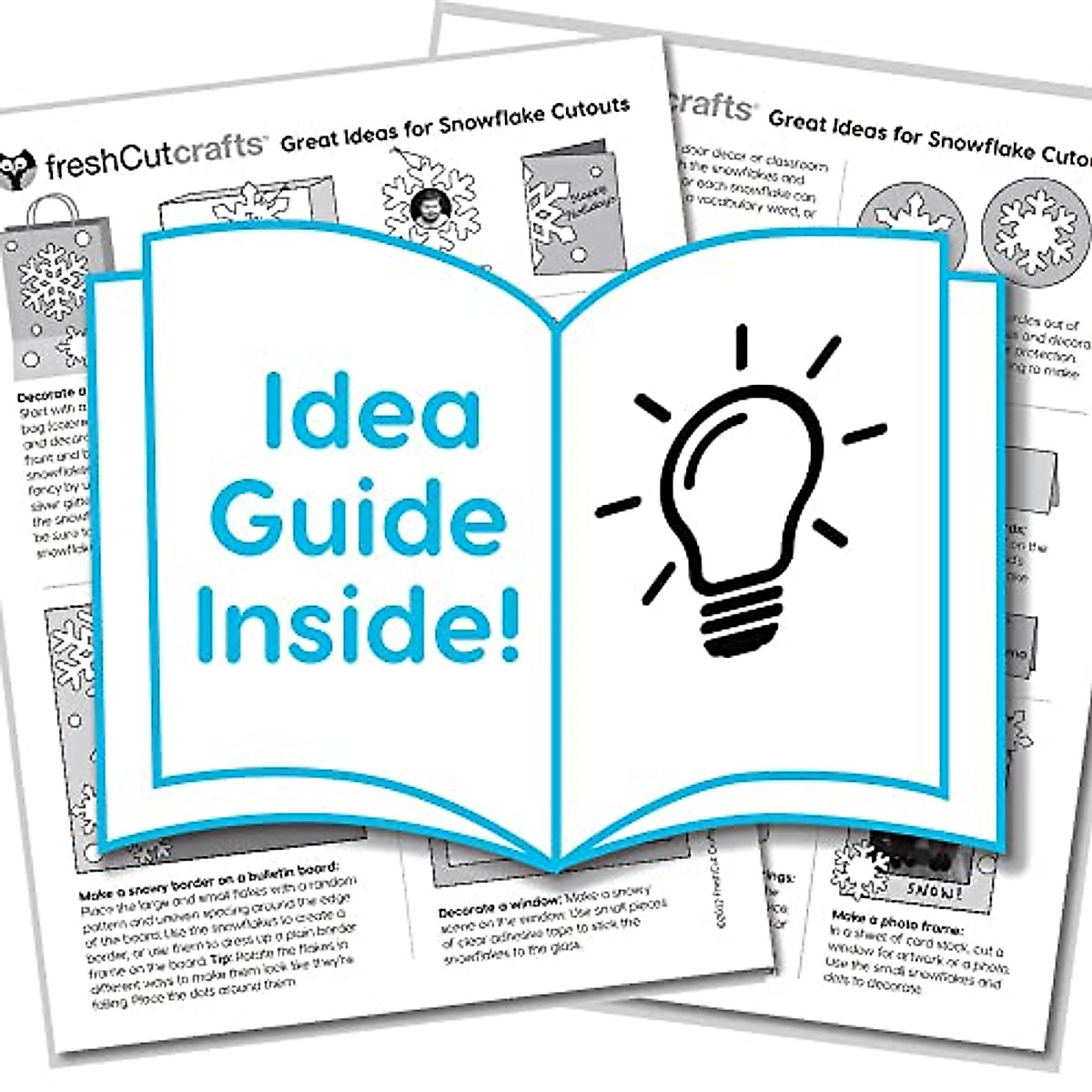 FreshCut Crafts | 80 Pieces Snowflake Paper Cutouts with IDEA Guide, 2-Sided US Made Card Stock Punch Out White Snowflakes for Bulletin Boards, Classroom Decor, and Winter Crafts