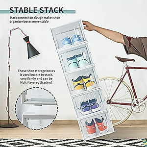 Hrrsaki 8 Pack X-Large Shoe Storage Boxes, Shoe Boxes Clear Plastic Stackable, Shoe Organizer Boxes with Front Opening Lids, Ventilation and Dust-proof, Shoe Container Boxes for Closet, Bedroom, Bathroom, Fit for Women/Men Size 14(14” x 11” x 8.3”) (white