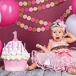 Birthday Candle Number 1 Girls 3 Inch Hot Pink Candle and 6 Pcs Polka Dot Birthday Candles 3.8 Inch First Party Cake Birthday Decorations for Girl