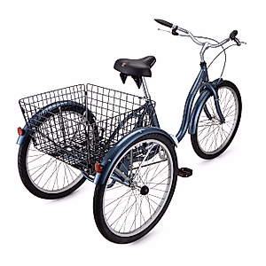 Schwinn Meridian Adult Tricycle Bike, Mens and Womens Three Wheel Beach Cruiser, 24-Inch Wheels, Low Step-Through Frame, Wide Seat, Rear Folding Basket, 1-Speed, Slate Blue