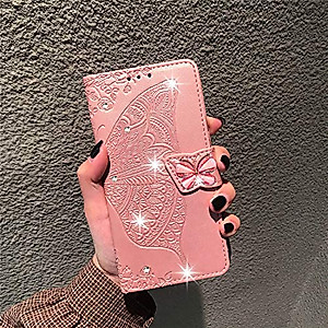 ZYZXHZD Xiaomi Mi Redmi Note 8 3D Butterfly Flower Wallet Case, with Credit Cards Slot and Stand Magnetic Protective PU Leather Flip Phone Cover for Xiaomi Redmi Note 8(Rhinestone Rose Gold)
