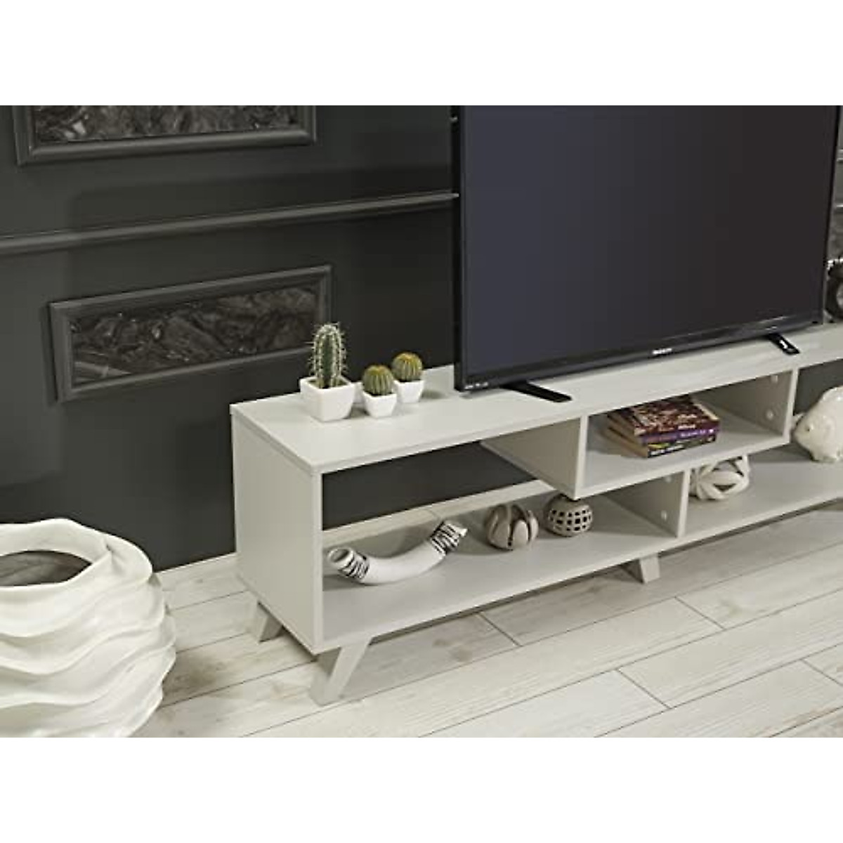 HT Design Parma Mid Century Modern Tv Stand Open Shelving Entertainment Centre 67 inch Tv Unit, Grey