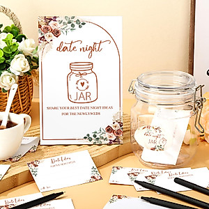 DoubleFill 76 Pcs Bridal Shower Decor Including Date Night Game for The Newlyweds Wedding Date Night Game Sign with Holder 60 Cards 12 Pens 2 Stickers Wedding Wish Jar for Guest Party (Boho Style)
