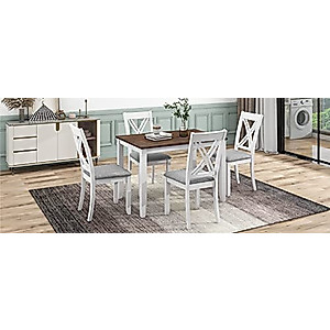 Kisyapoo Rustic Minimalist 5-Piece Dining Table Set with 4 X-Back Upholstered Chairs, Solid Wood Rectangular Table for Kitchen Living Room, Dining Set for 4 Persons (White)