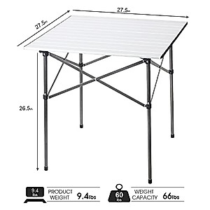 PORTAL Lightweight Aluminum Folding Square Table Roll Up Top 4 People Compact Table with Carry Bag For Camping, Picnic, Backyards, BBQ (White)