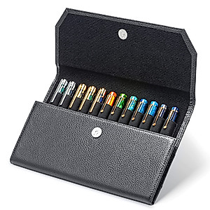 Lanxivi 12 Black Genuine Leather Fountain Pen Case Organizer Bag Portfolio, Protective Sleeve Cover Pen Holder with Divider Slot for Rollerball Pen, Pencil Collection