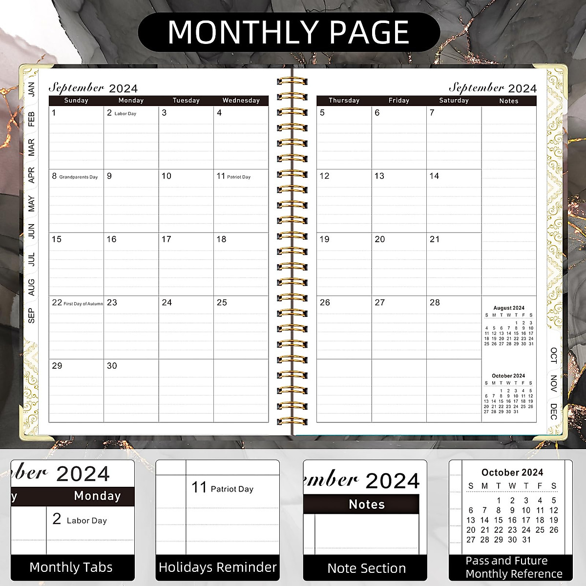 Knagsfa 2024 Monthly Planner, Jan 2024 - Dec 2024 Weekly Monthly Planner 6.5" x 8.5" with Page Tabs, Calendar Hardcover with Inner Pocket, Elastic Band, Twin-Wire Binding, Bookmark,Black Pink Marble