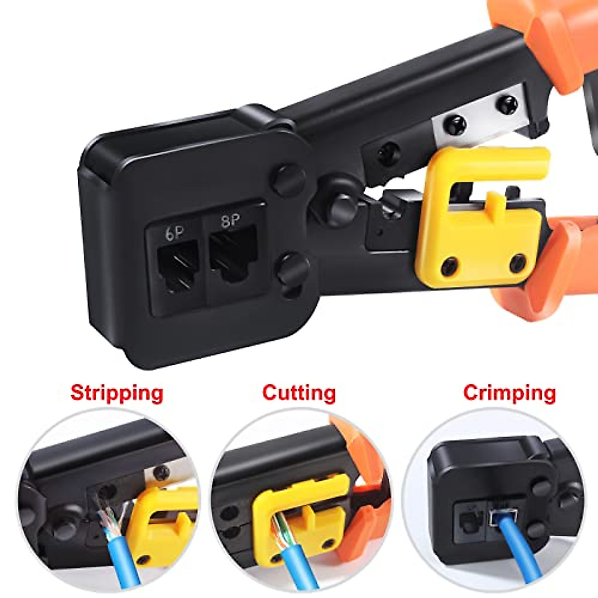 RJ45 Crimp Tool Ethernet Crimper for RJ45 Cat6 Cat5 Cat5e Pass Through Connectors and RJ12 Plug Ends with 50PCS RJ45 Cat6 Connectors, RJ45 Cable Tester and Mini Wire Stripper