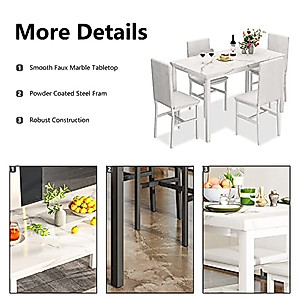 MIERE Dining Table Set for 4, 5-Piece Marble DiningTableSet with 4 Faux Leather Metal Frame Chairs for Kitchen, Bar, Living Room, Breakfast Nook, Small Space, 03 Pure White