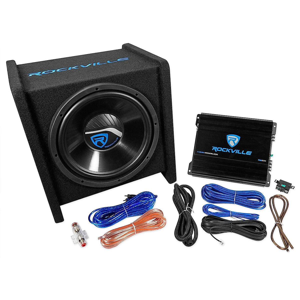 Rockville RV12.1C 600w 12" Loaded Car Subwoofer Enclosure+Mono Amplifier+Amp Kit,Black
