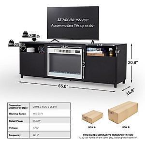 Avocahom Fireplace TV Stand for TVs up to 65”, LED Light Entertainment Center w/Black 23” Electric Fireplace, 2 Open Shelves & Storage Cabinet, Modern Wood Texture Console Table for Living Room, Black